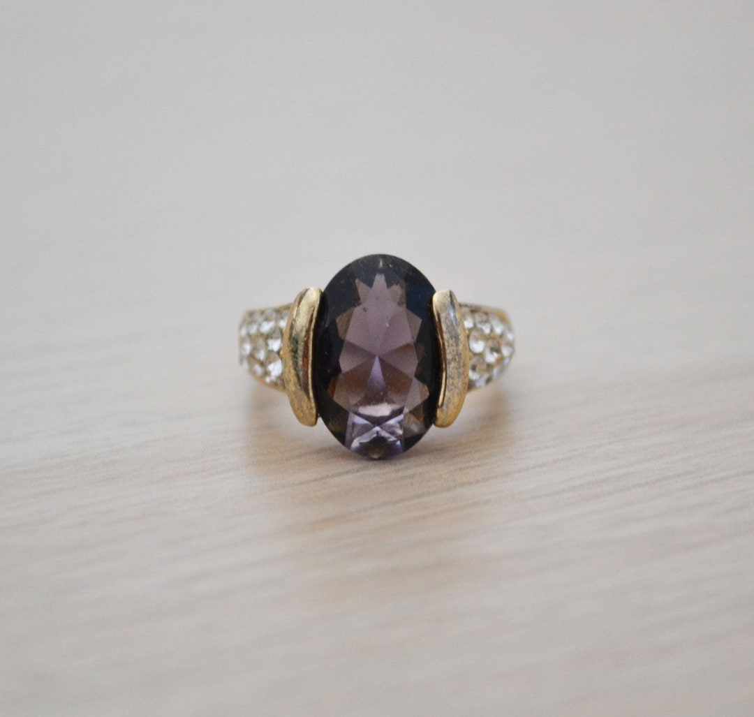 Vintage Retro 80s 18 Karat Rolled Gold Plated Purple Oval Clear Crystal ...