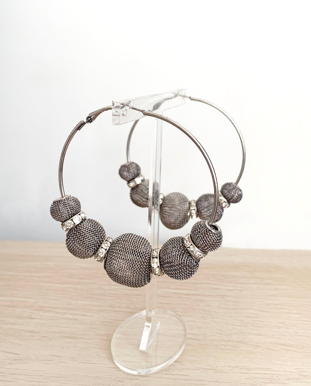 Vintage Retro 90s Silver Round Circle Thin Sphere Ball Hollow Mesh Bead ...