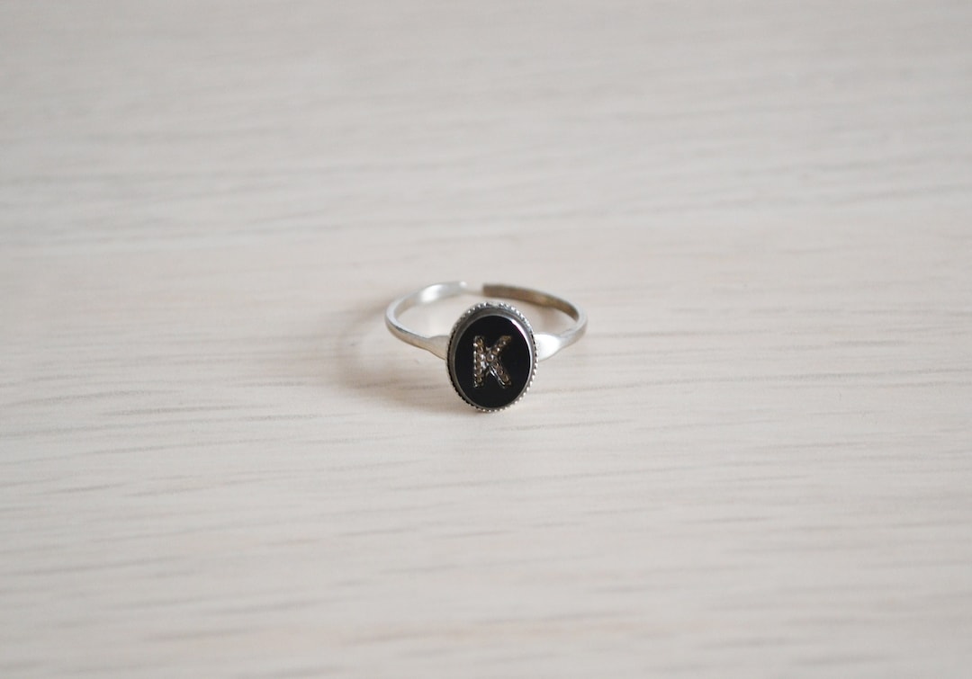 Vintage Retro 80s Silver Black K Oval Alphabet Letter Name Initial Personalised Dotted Engraved ...