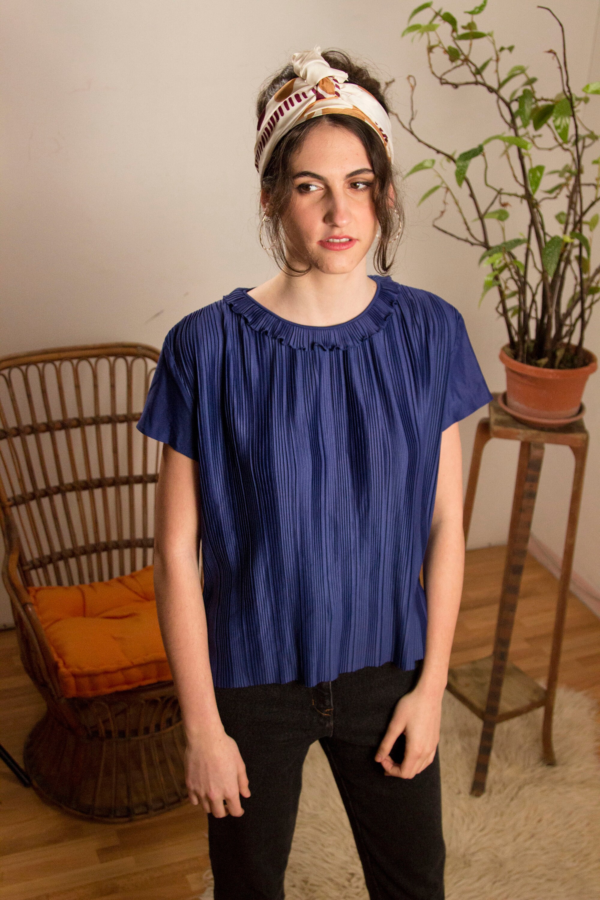 70's Ruffles Pleated Top / Blue / Ruffles Neckline / - Etsy