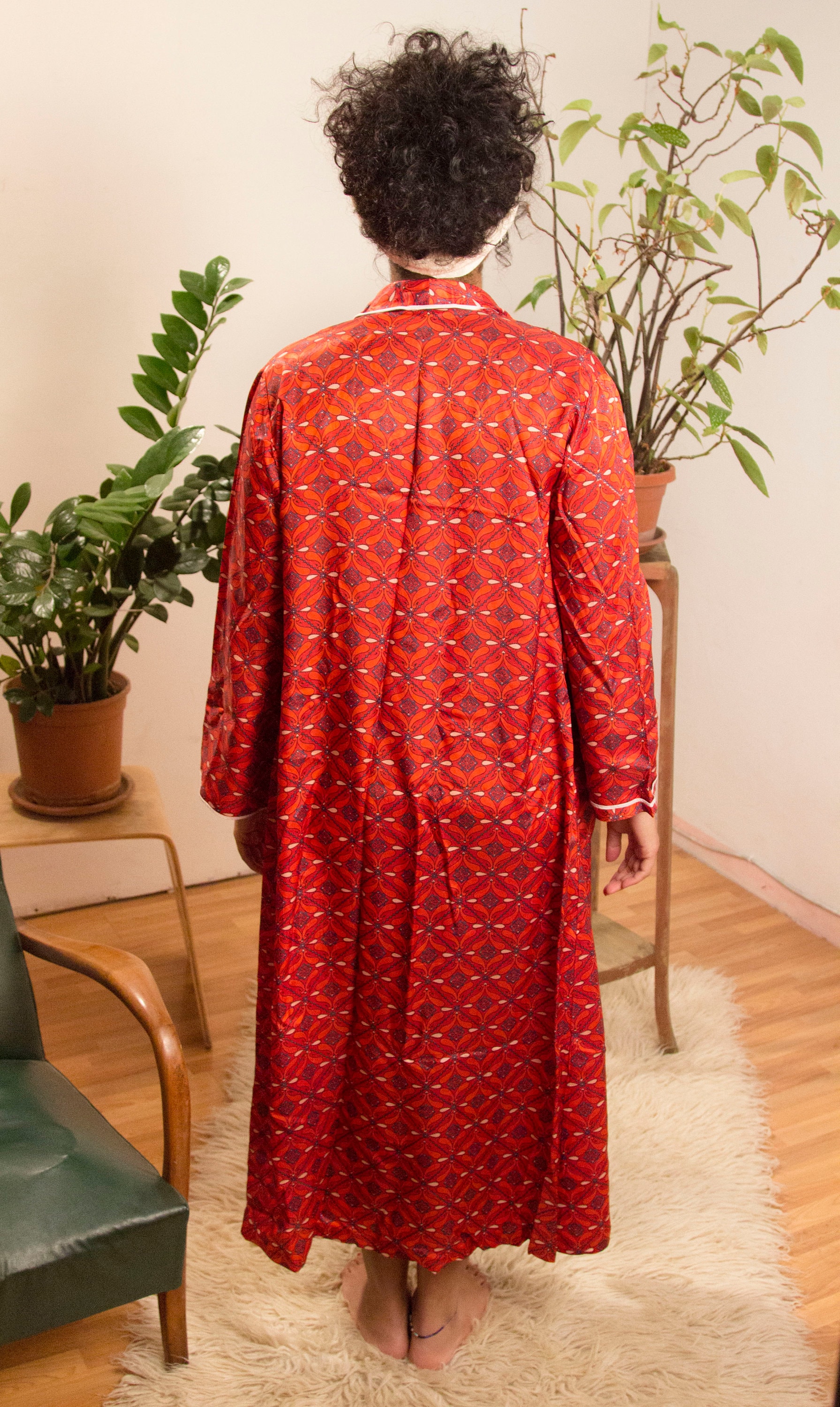 70s Geometric Pattern Orange Robe / Vintage Dressing Gown / Long ...