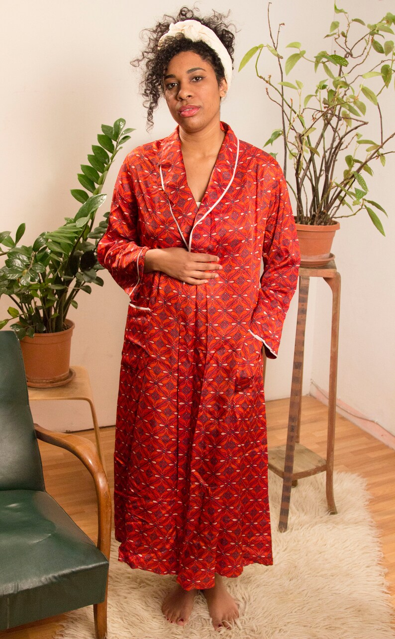 70s Geometric Pattern Orange Robe / Vintage Dressing Gown / Long ...