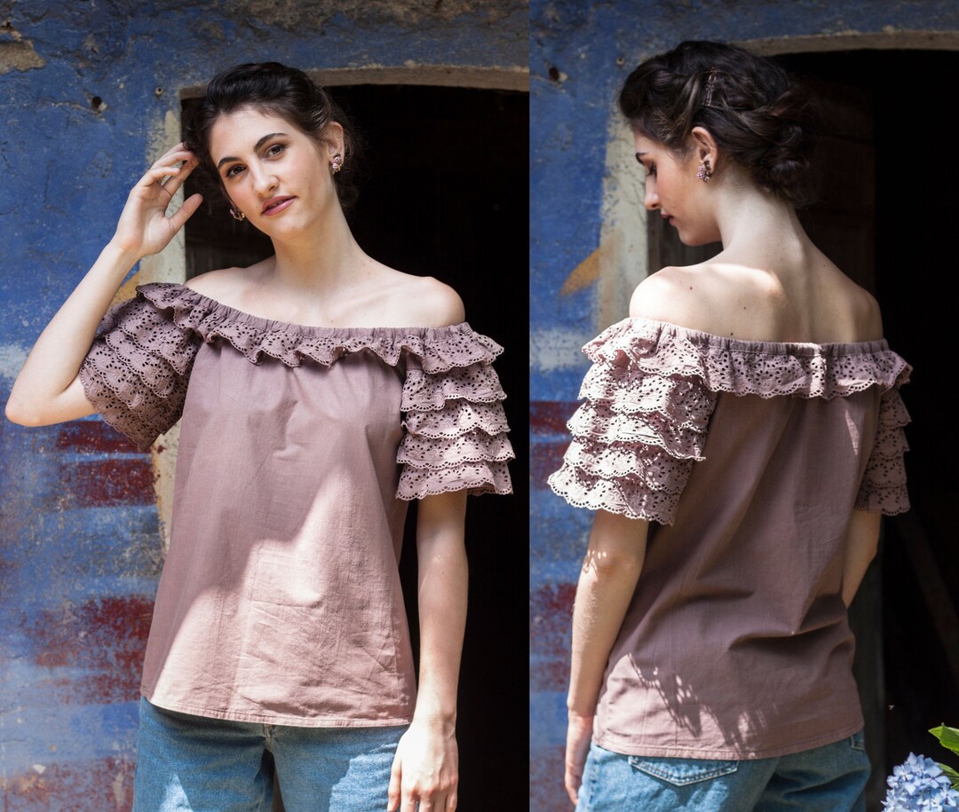 80s Ruffles Off-shoulder Top / Vintage Shirt / Blush Color / Sangallo ...