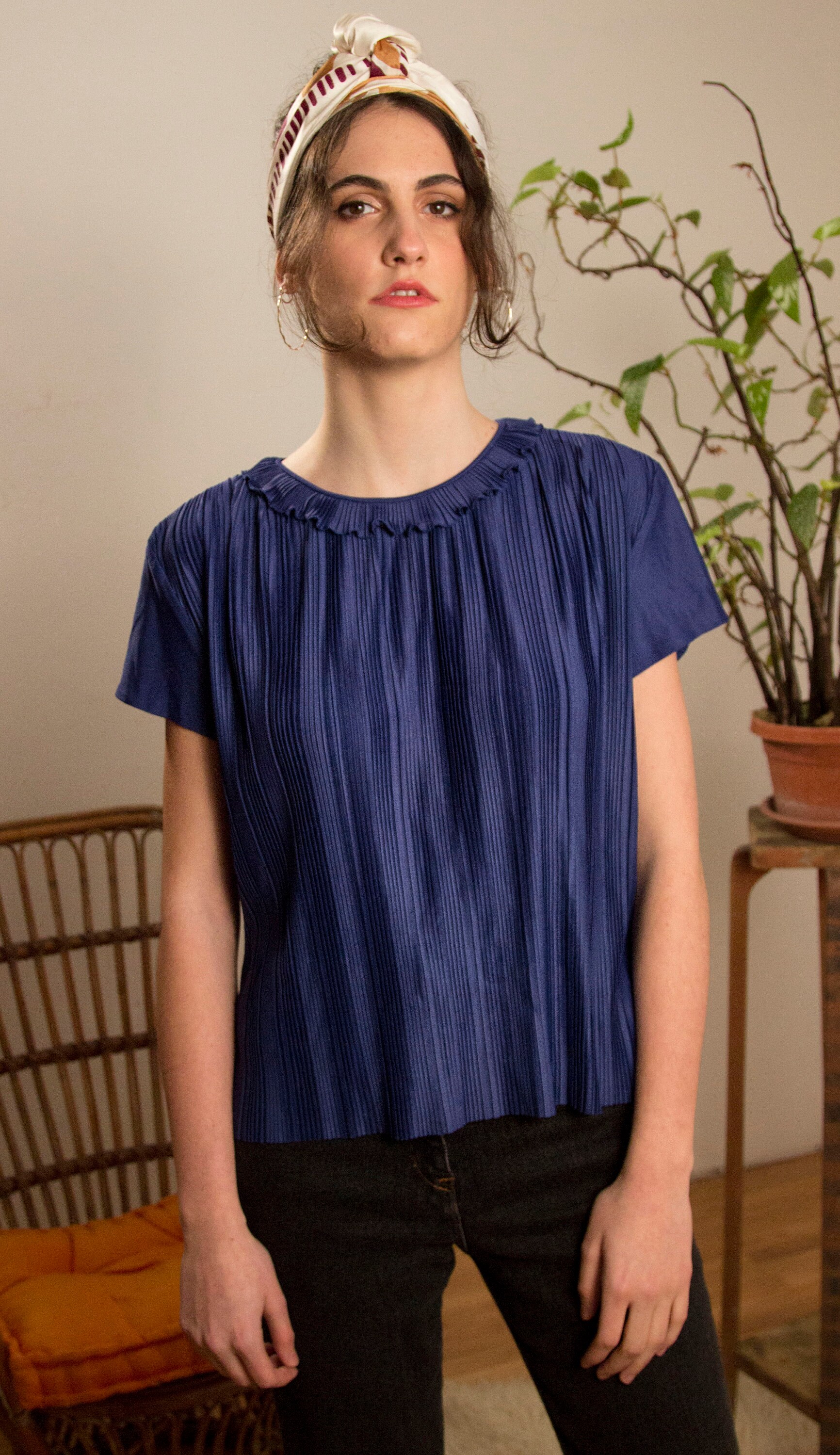 70's Ruffles Pleated Top / Blue / Ruffles Neckline / - Etsy