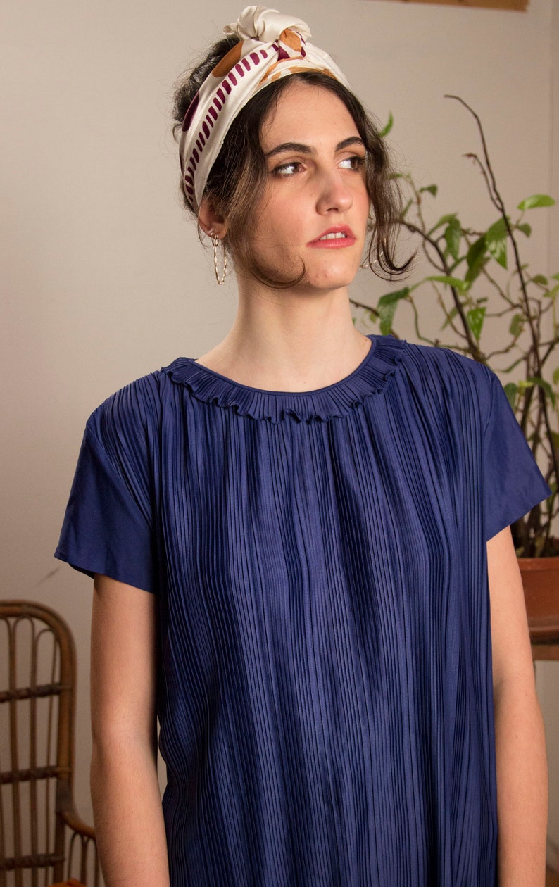 70's Ruffles Pleated Top / Blue / Ruffles Neckline / - Etsy