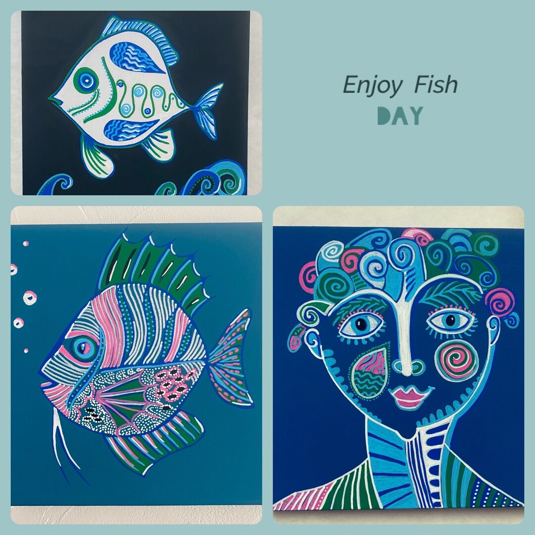 Triptych Paintings Theme Fish and Contemporary Face - Etsy