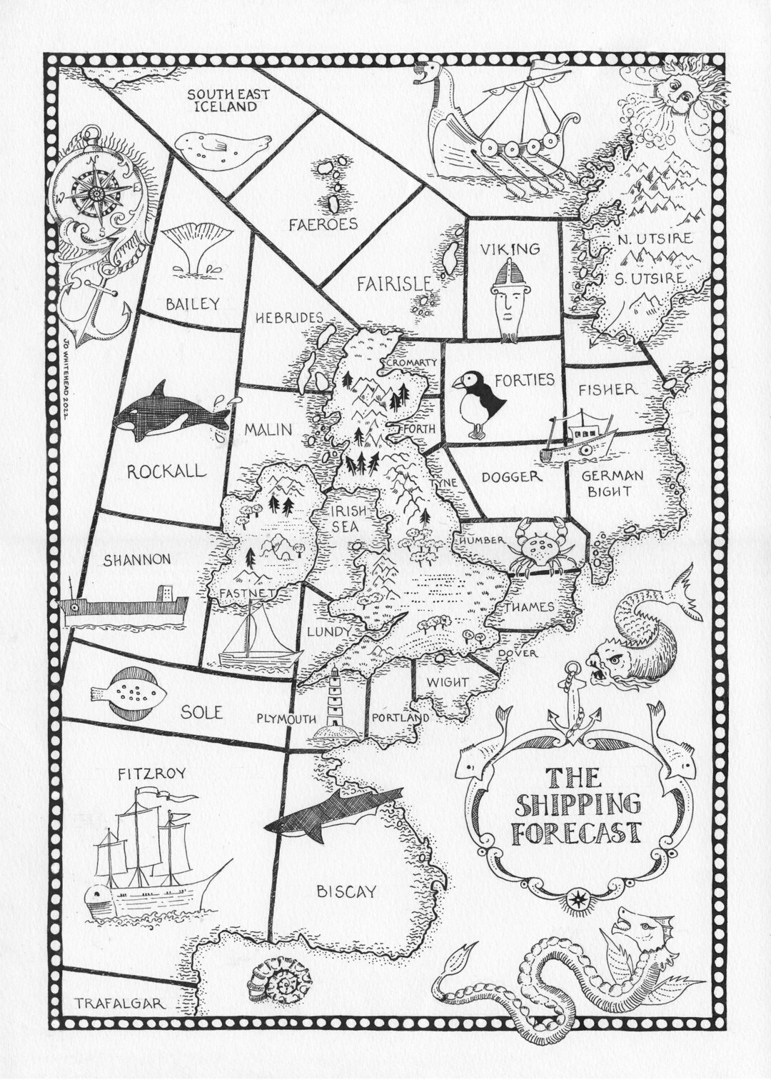 The Shipping Forecast Hand Drawn Art Print - Home Decor - Illustration ...
