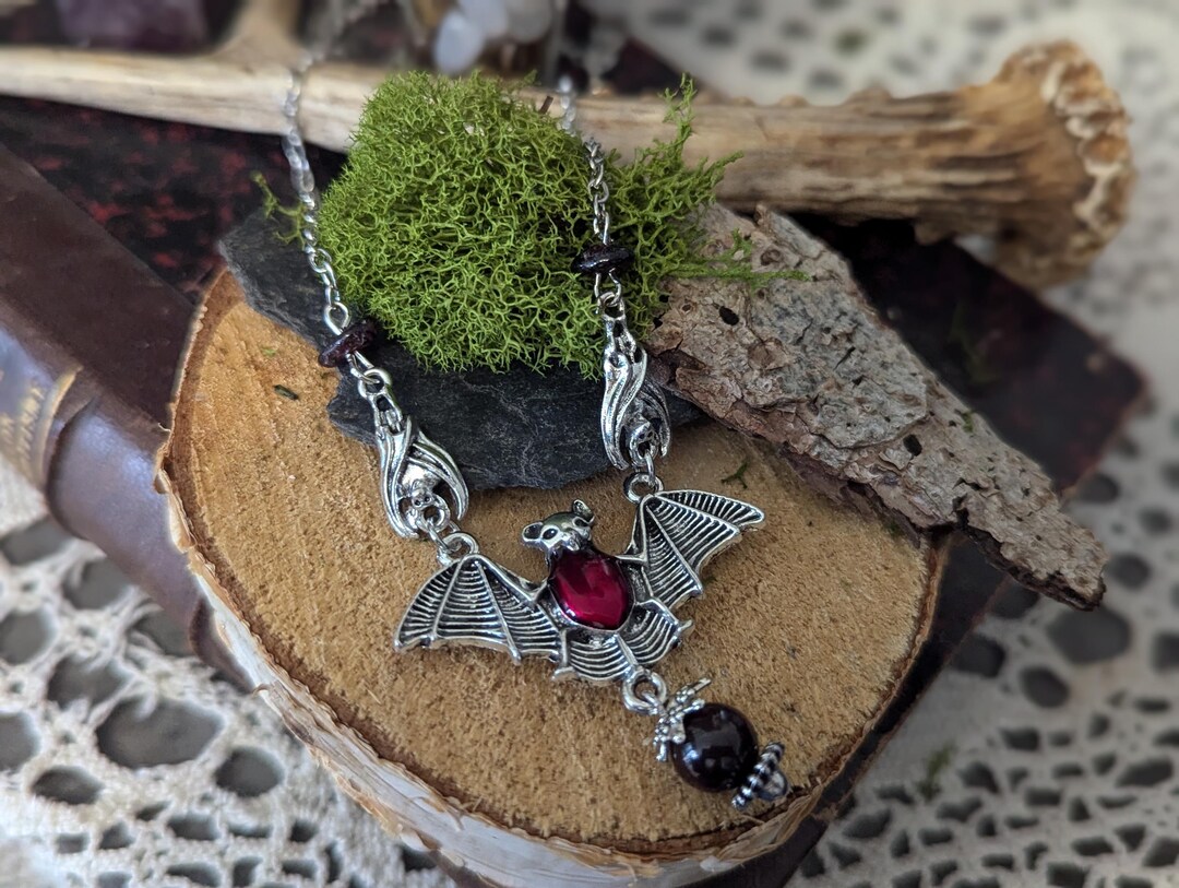 Gothic Vampire Bat Necklace Garnet Silver Metal - Etsy
