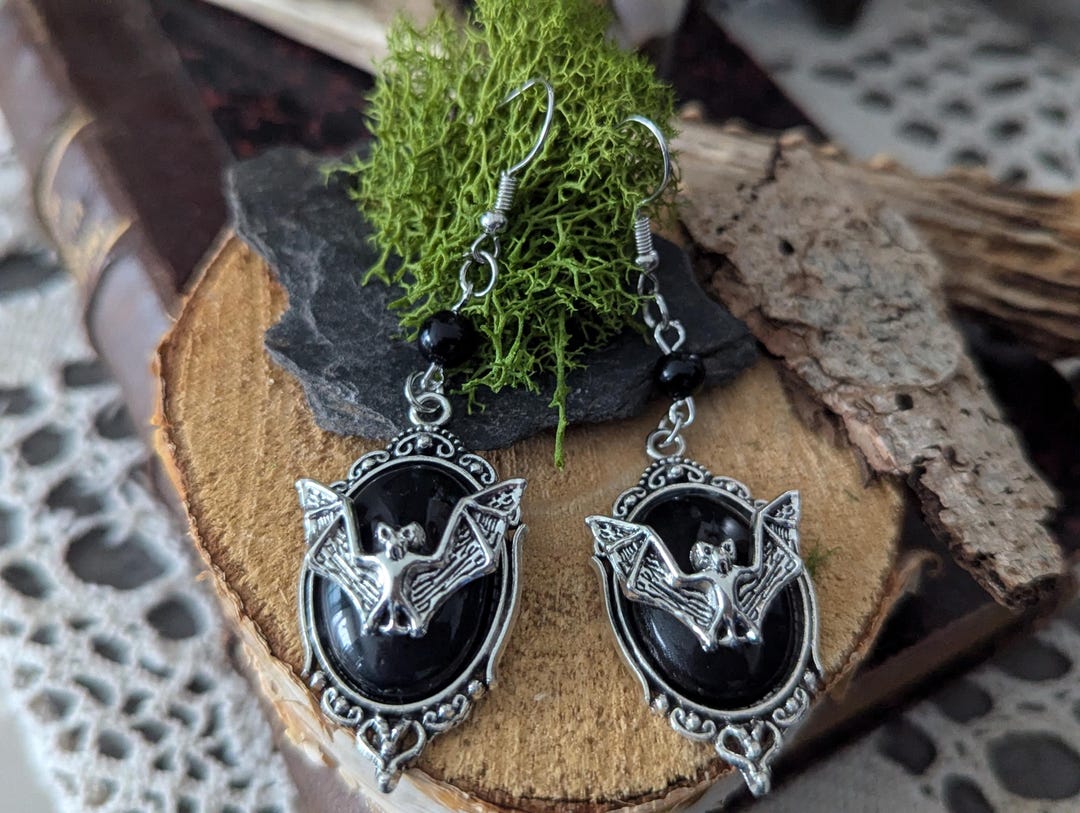 Gothic Obsidian Vampire Bat Earring Goth Rock Esoteric Stainless Steel ...