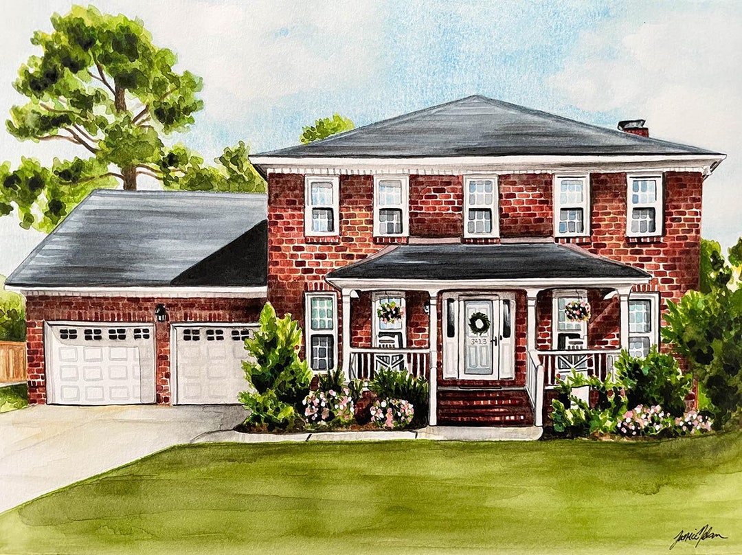 Brick House Watercolor Portrait - Custom Red Brick Home Painting ...
