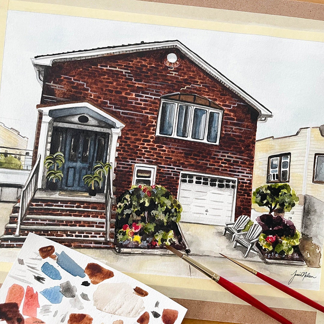 Watercolor Red Brick House Portrait - Custom Watercolor Brick Home ...