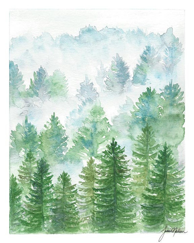 Evergreen Tree Watercolor - Forest Watercolor- Foggy Forest - Mountain ...