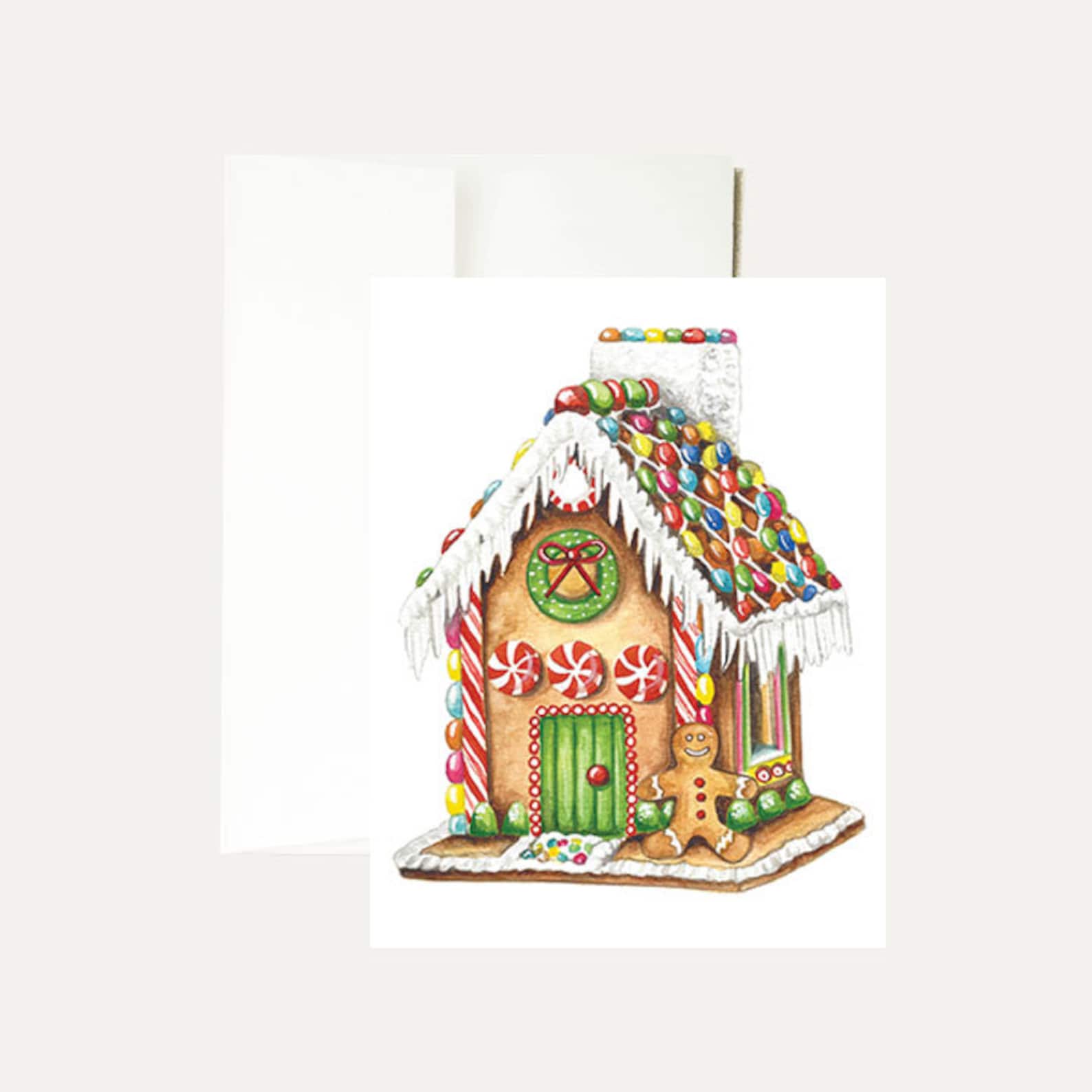 Gingerbread House Watercolor Christmas Greeting Card -gingerbread Man ...