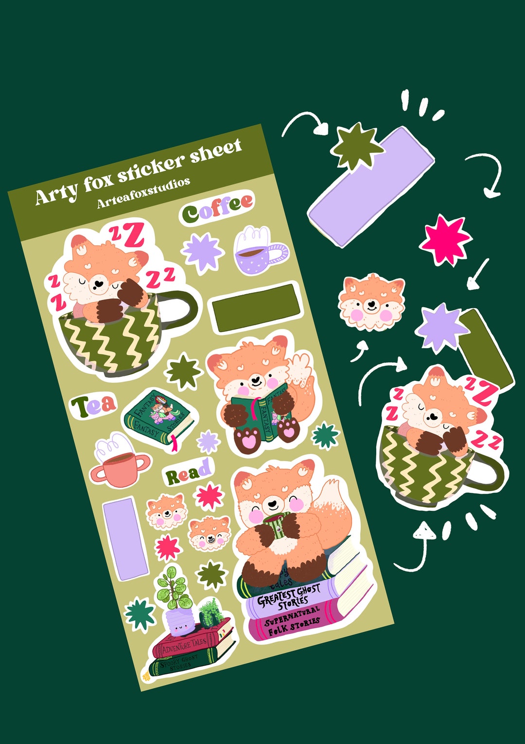 Arty Fox Character Sticker Sheet Soft Matte Vinyl Sticker Sheet planner ...