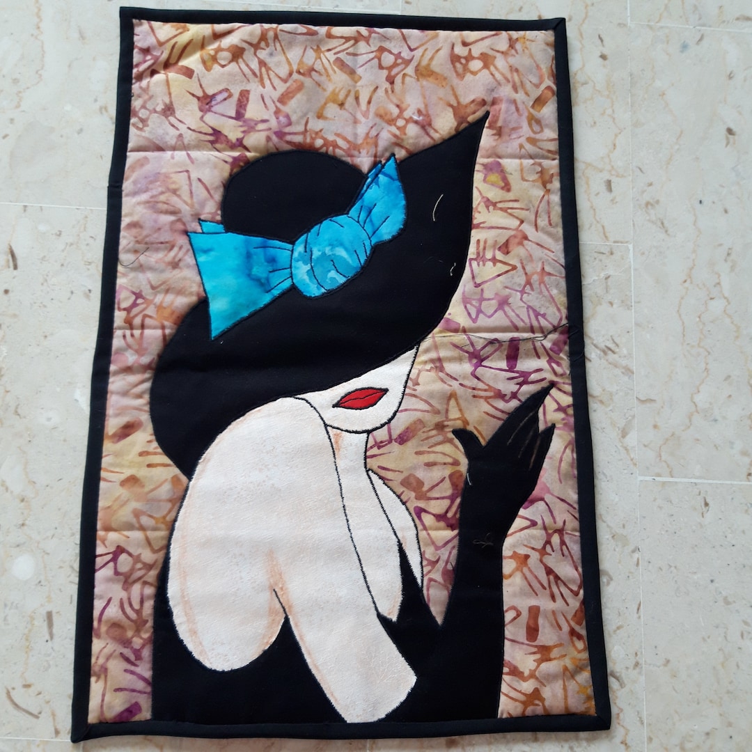 Small Patchwork, Wall Hanging, Black "lady With the Hat" and Blue ...