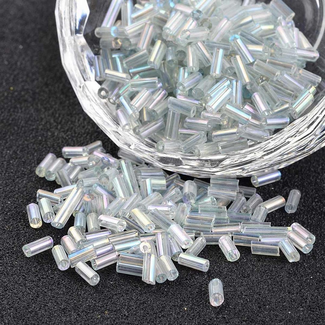 500 Pcs CZECH Glass Bugle BEADS TUBE - White Transparent Colors Rainbow ...