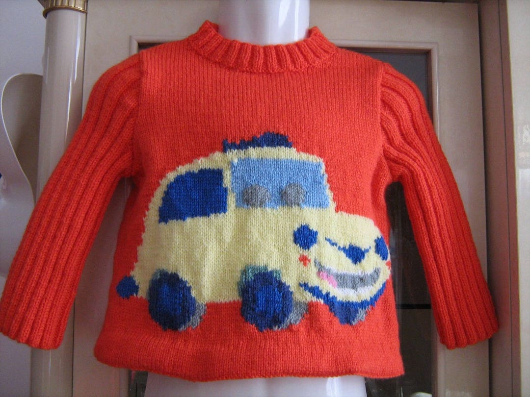 Pull jacquard avec voiture jaune, pull taille 2 ans, tricoté à la main ...