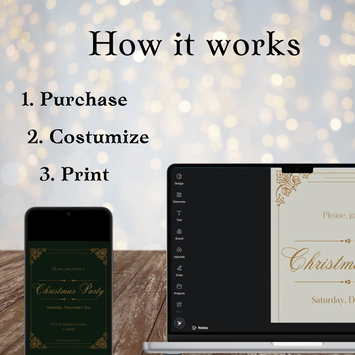 Elegant Christmas Party Invitation Template | Custom Printable Holiday ...
