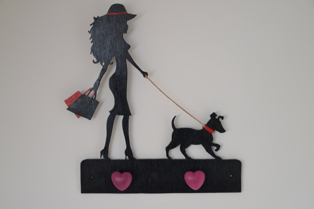 Wooden Coat Rack / Interior Decoration / Woman With Her Dog / Red Heart ...
