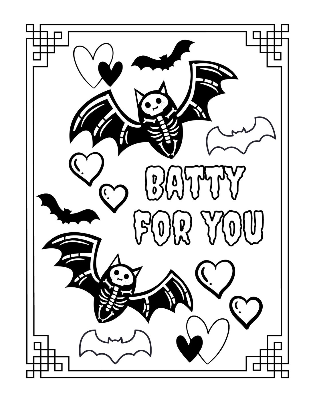 Batty for You Valentines Coloring Page - Etsy
