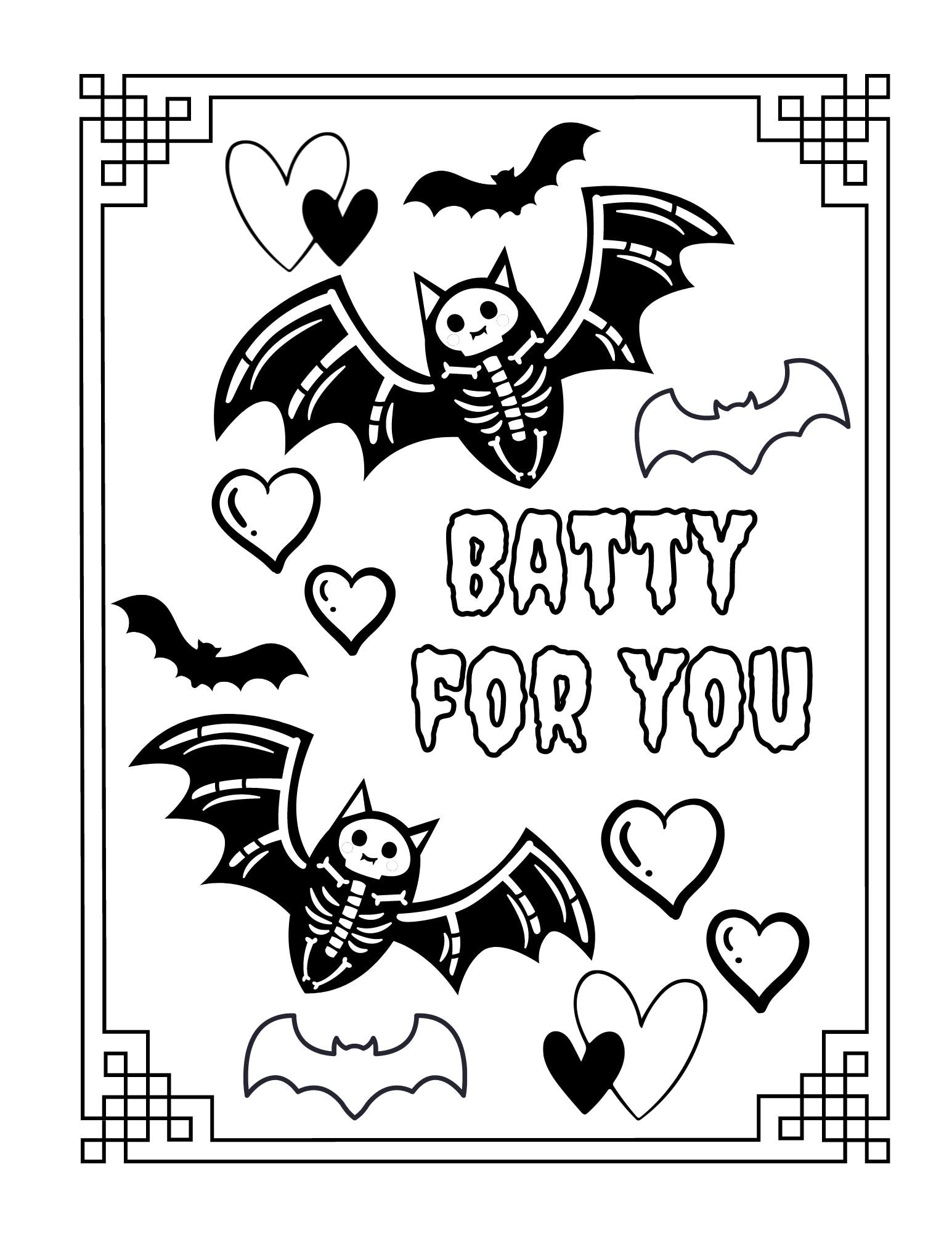 Batty for You Valentines Coloring Page - Etsy