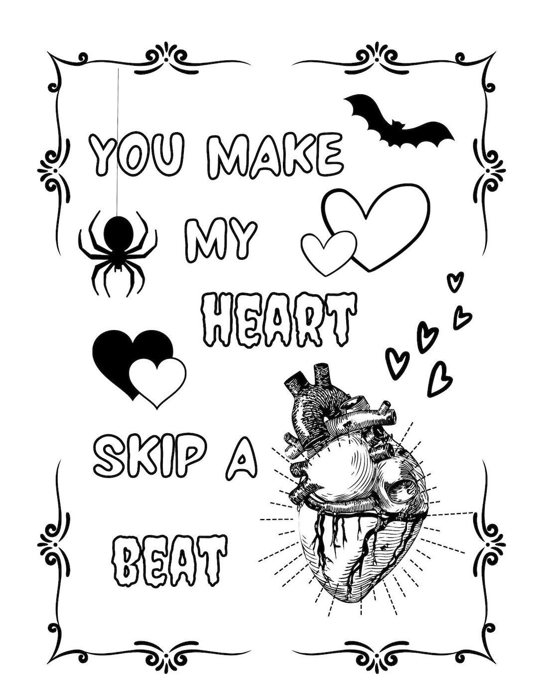 You Make My Heart Skip A Beat Valentines Pun Spooky Theme Coloring Page ...