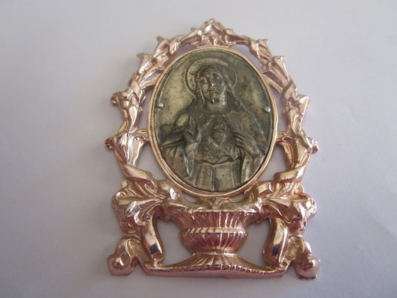 Antique catholic framed medal Jesus sacred heart - Gem