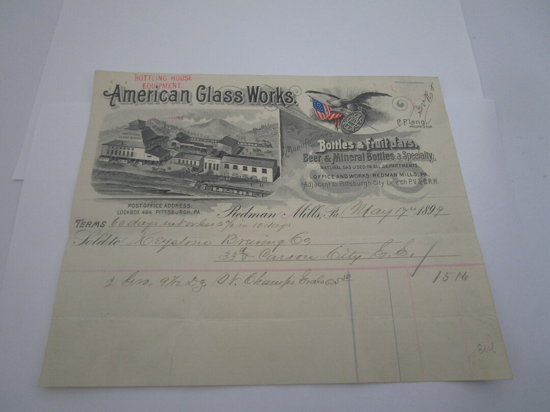 1890's Antique Receipt American Glass Works Beer Bottles Great Vignette ...