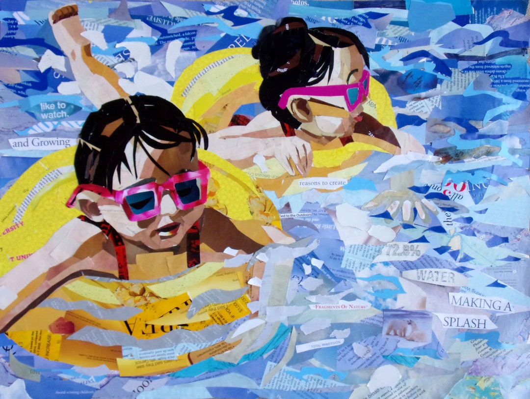 Pool Party, Children Swimming, Original Collage Painting on Paper - Etsy
