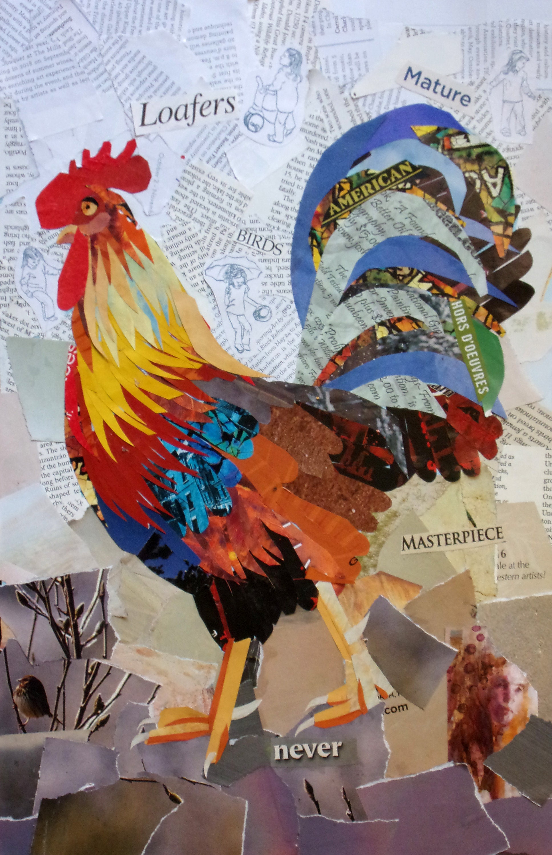 Rooster, Original Collage Painting on Paper - Etsy