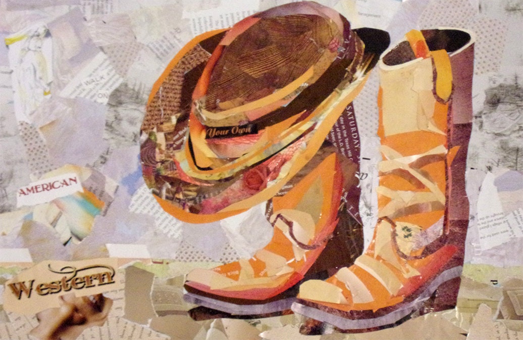 Cowboy Boots Original Collages on Paper- Hat and Boots - Etsy