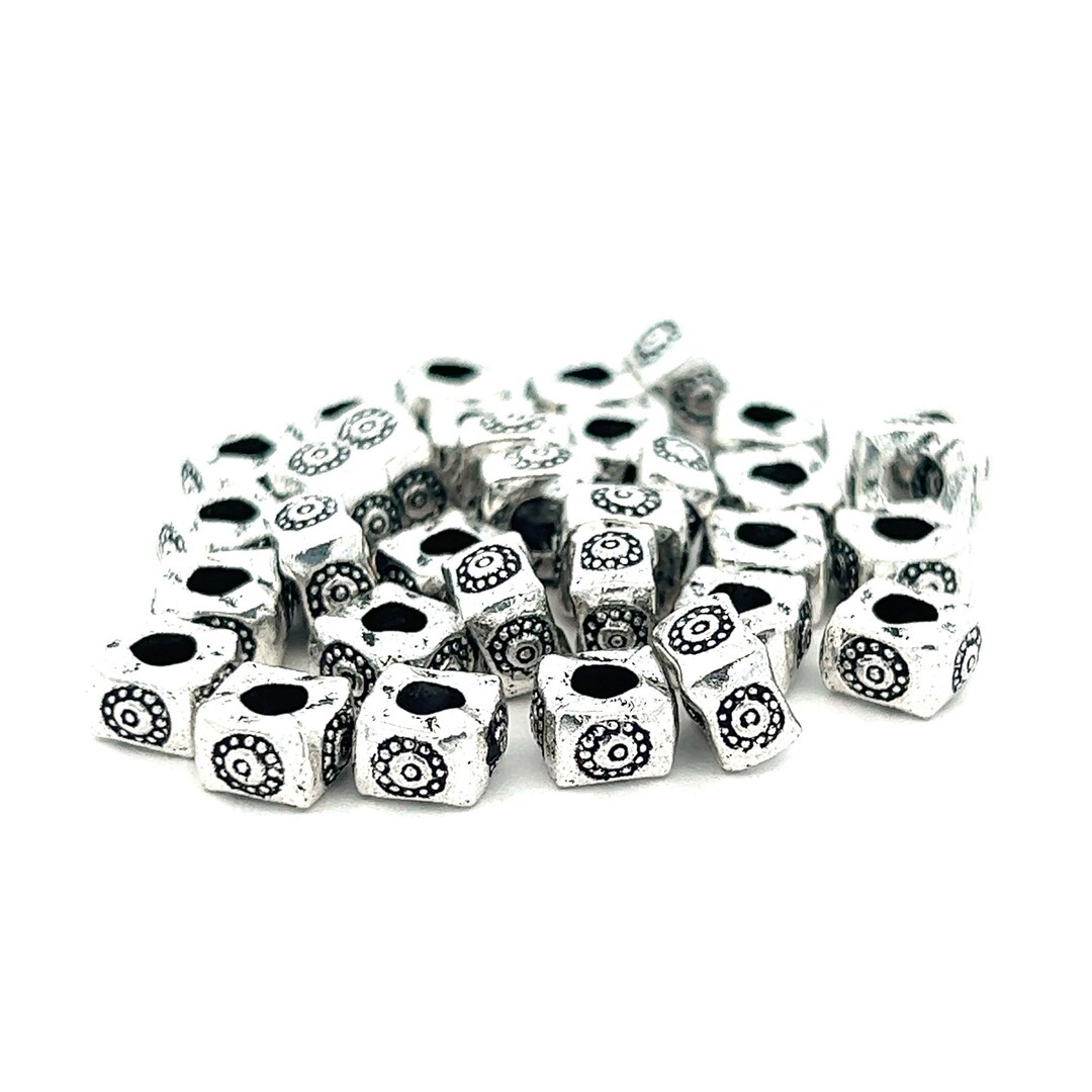 Square Shape Pewter Bead, Dot Flower Design, Small Spacer Bead ...