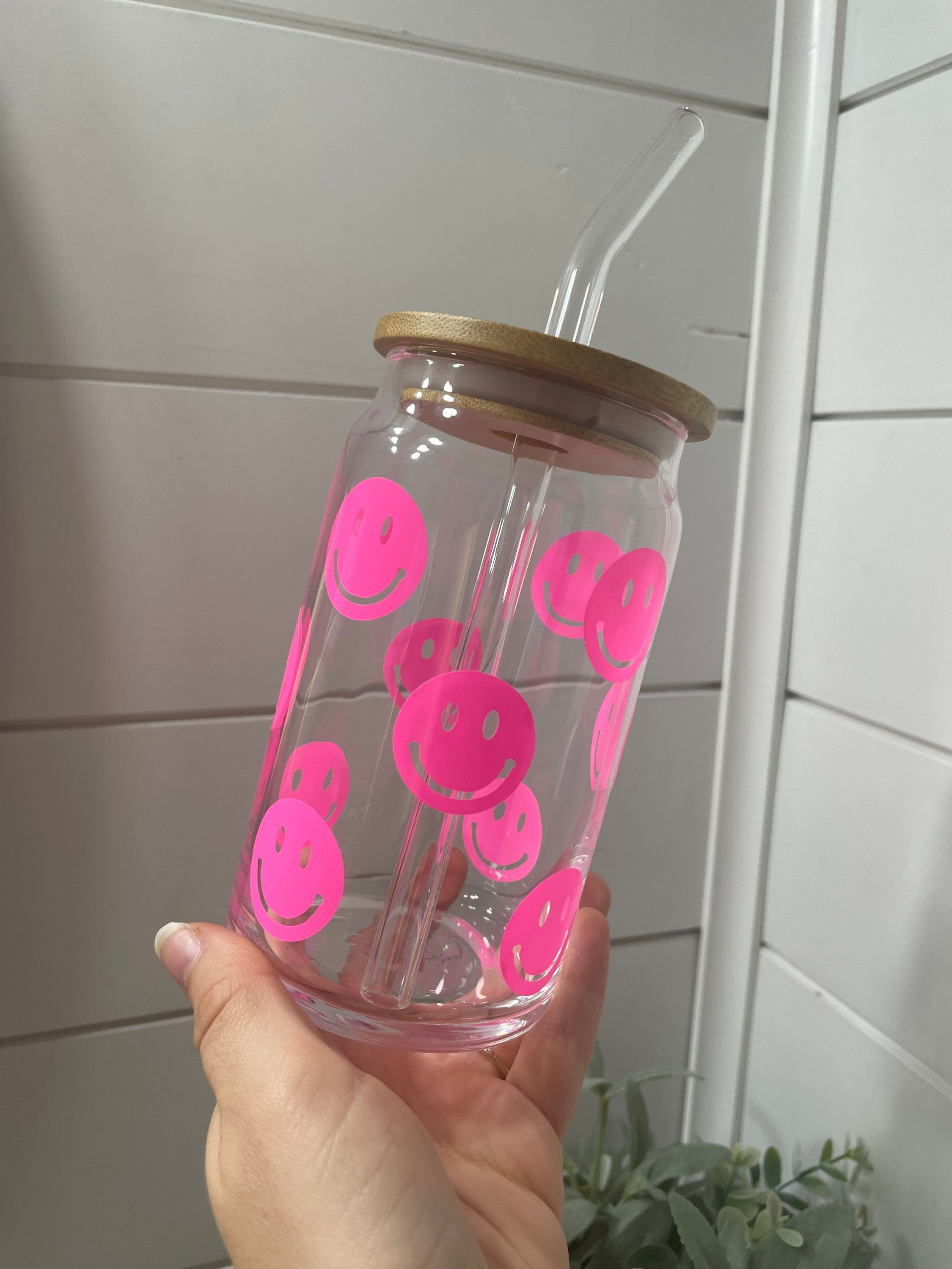 Hot Pink Smiley Face Glass Can, Smiley Face Cup, Glass Coffee Cup ...