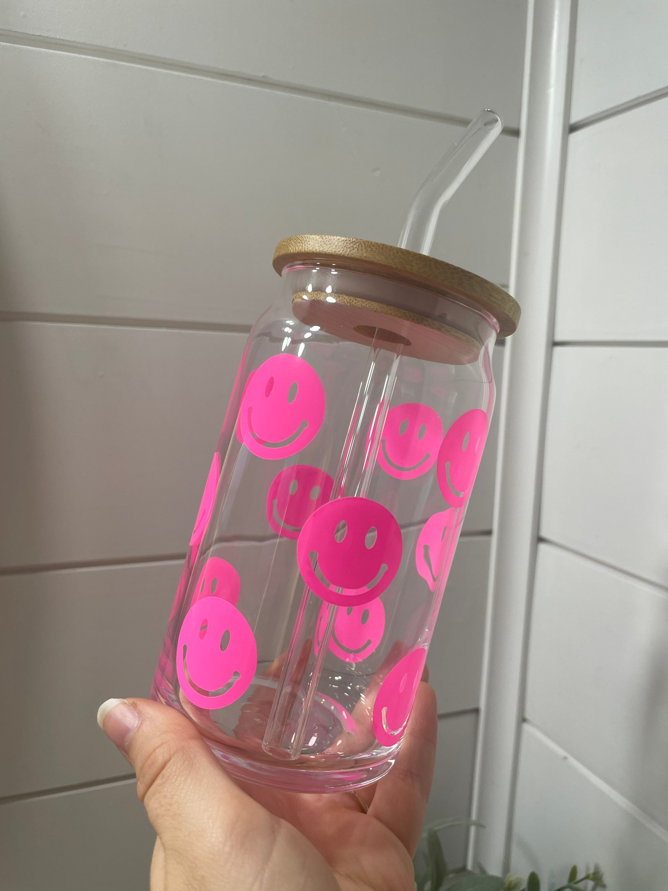 Hot Pink Smiley Face Glass Can, Smiley Face Cup, Glass Coffee Cup ...