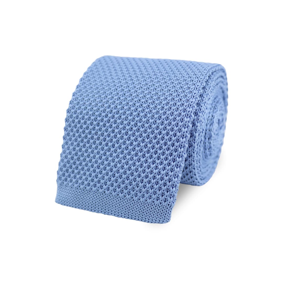 Men's Light Blue Knitted Neck Tie With Square End | 100% Soft Polyester ...