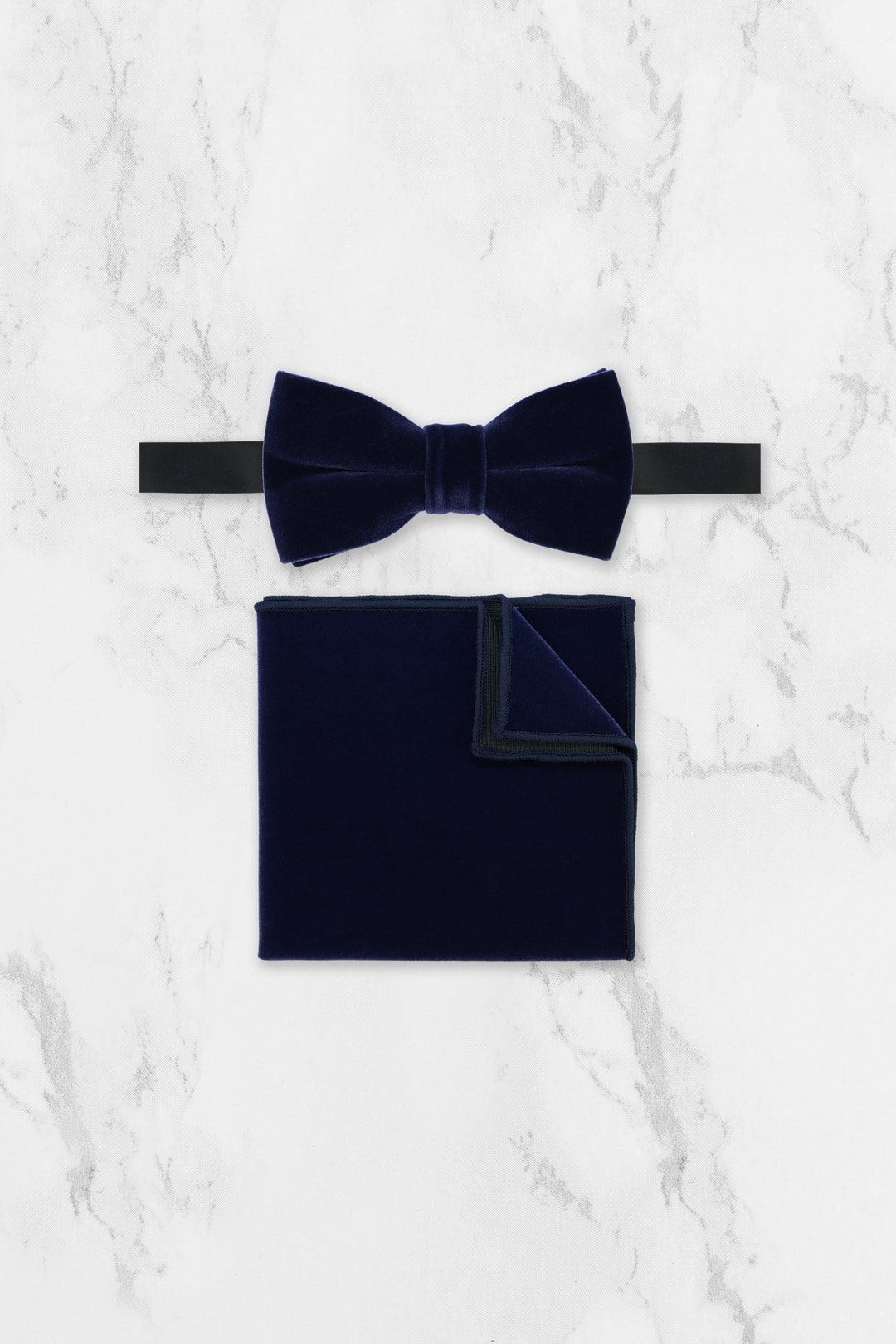 Navy Blue Velvet Bow Tie & Pocket Square Set Tuxedo or Prom - Etsy