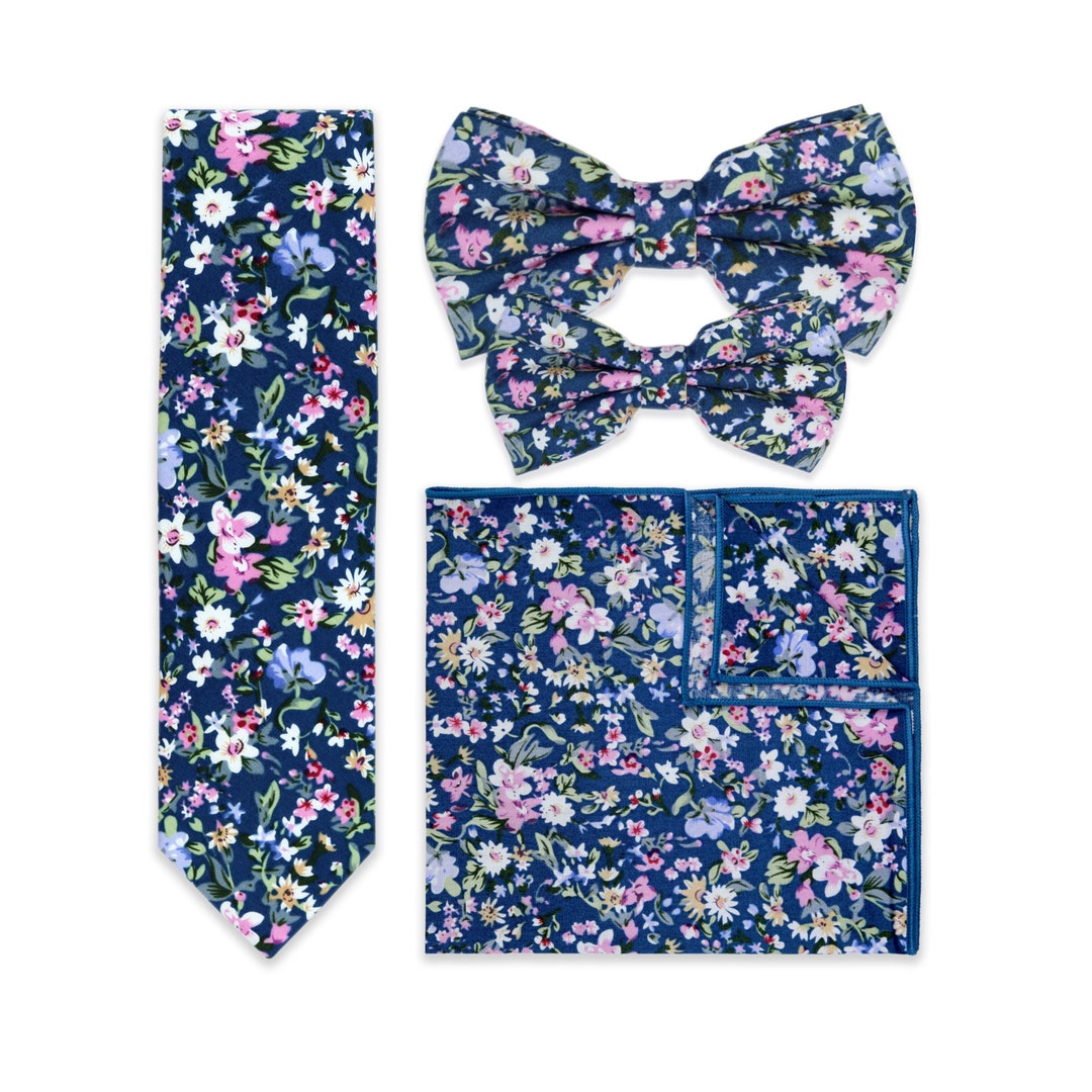 Handmade Blue Floral Print Cotton Tie, Bowtie, Pocket Square Options ...