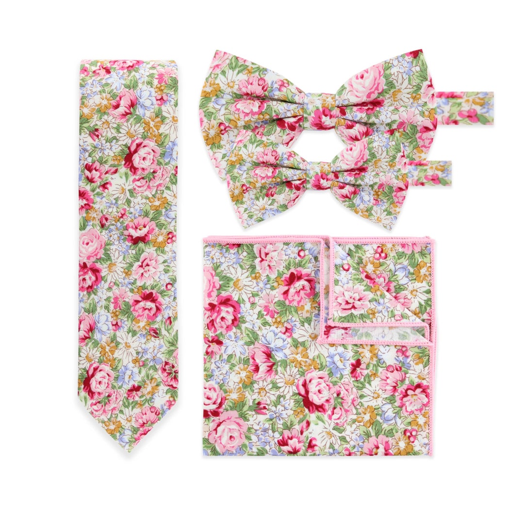 Handmade Pink Floral Print Cotton Tie, Bowtie, Pocket Square Options ...
