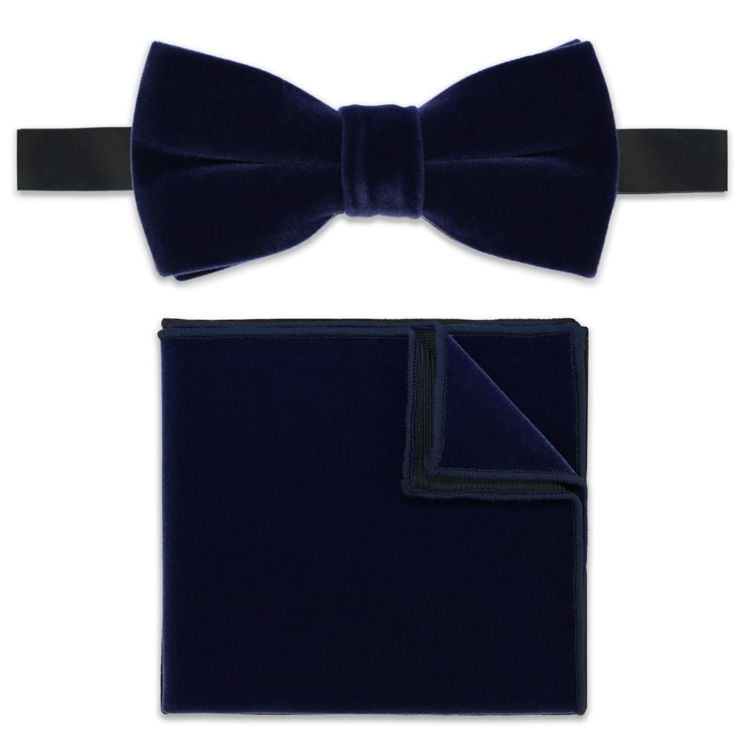 Navy Blue Velvet Bow Tie & Pocket Square Set | Tuxedo or Prom Bowtie ...