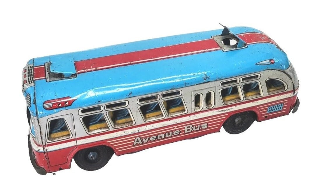 Vintage 1950's Yonezawa Avenue Bus Tin Litho Friction Toy 9" Made in ...