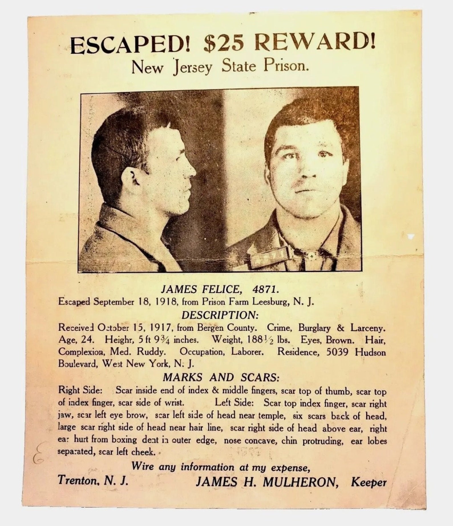 Antique 1918 New Jersey State Prison Escaped From Prison Wanted Poster ...