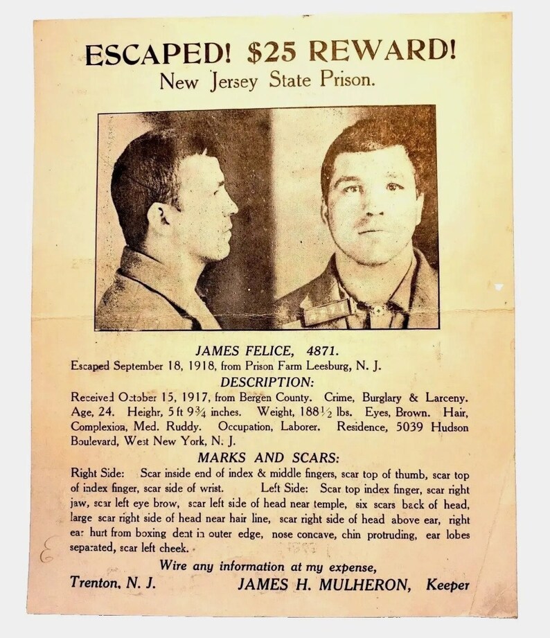Antique 1918 New Jersey State Prison Escaped From Prison Wanted Poster ...