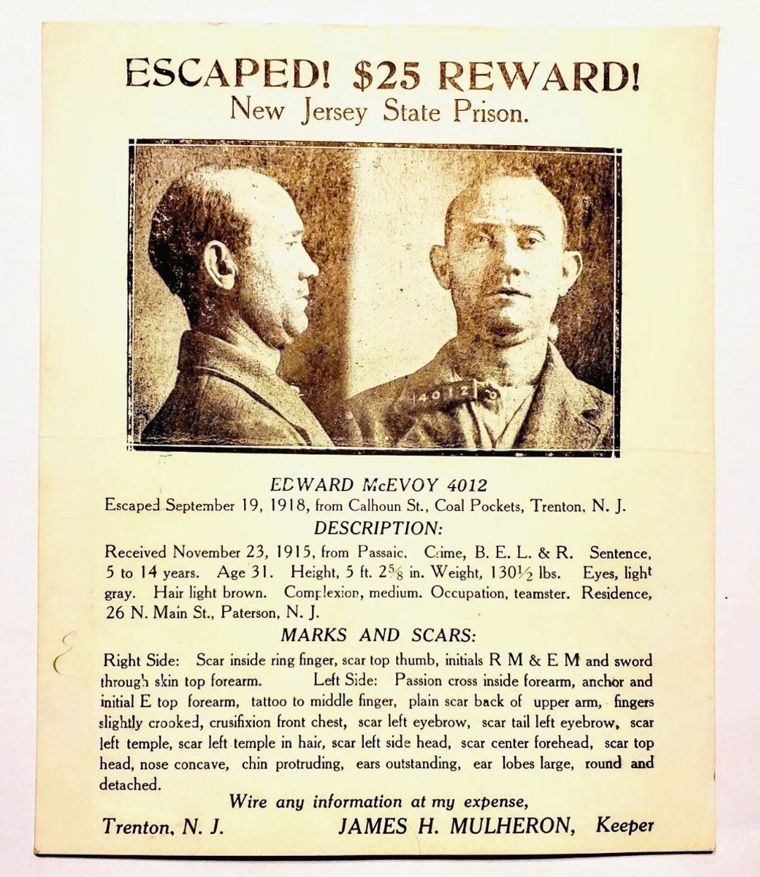 Antique 1918 New Jersey State Prison Wanted Poster Escaped From Prison ...
