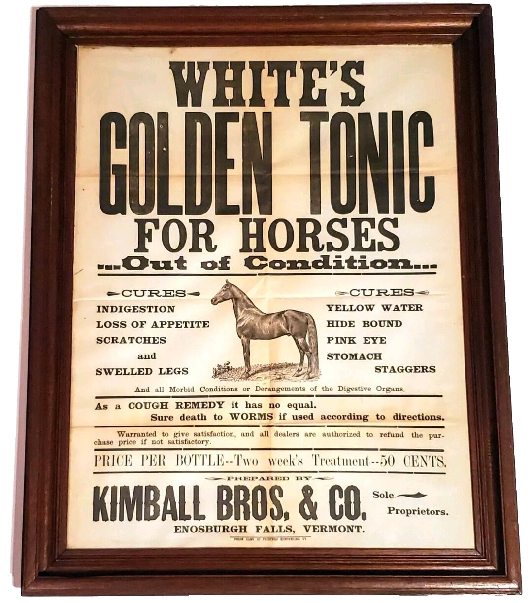 Antique 1890's White's Golden Tonic for Horses Kimball Bros Vermont ...