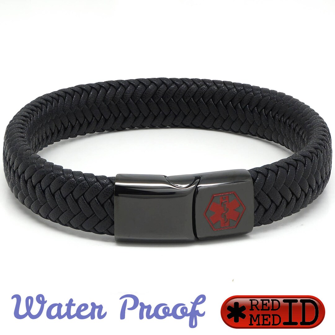 Black Medical Alert ID SOS Bracelet With Soft Waterproof Leather ...