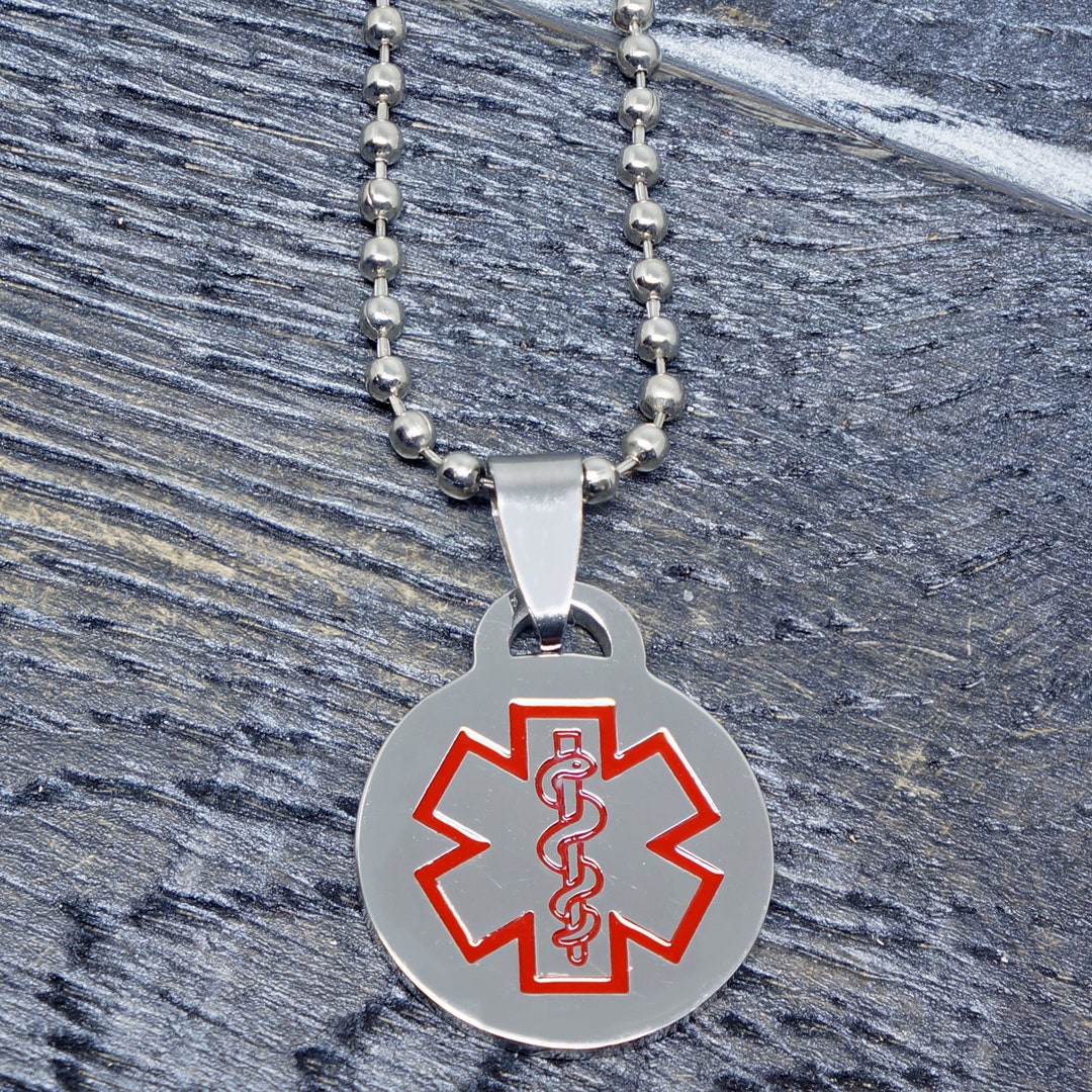 Round Medical Alert ID Tag Pendant & a 24" Stainless Steel Ball Chain ...