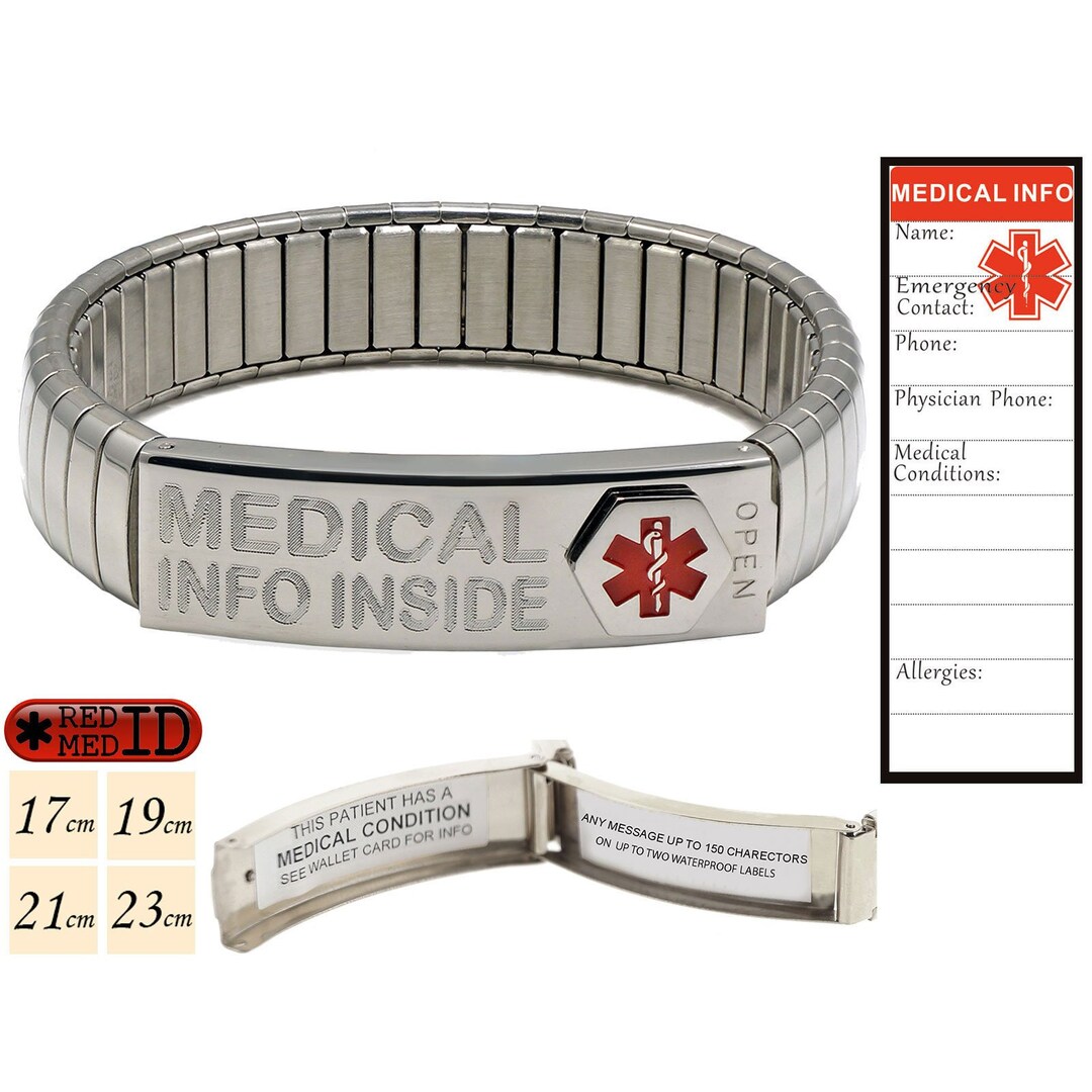 REDMEDID Steel Medical Alert ID-armband – elastische band, waterdichte ...