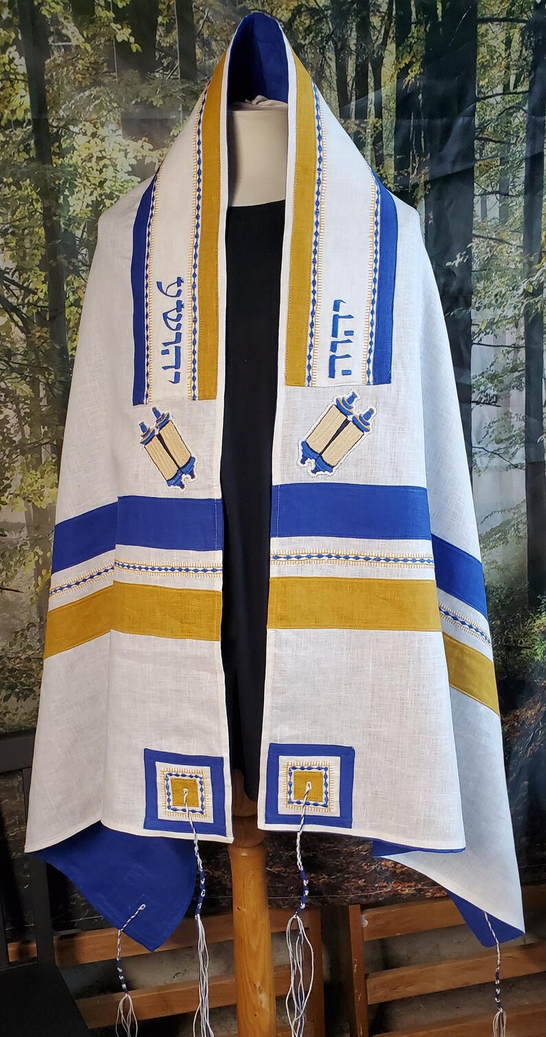 Stones of Light Linen Tallit Prayer Shawl | Royal Blue & Gold Stripes ...