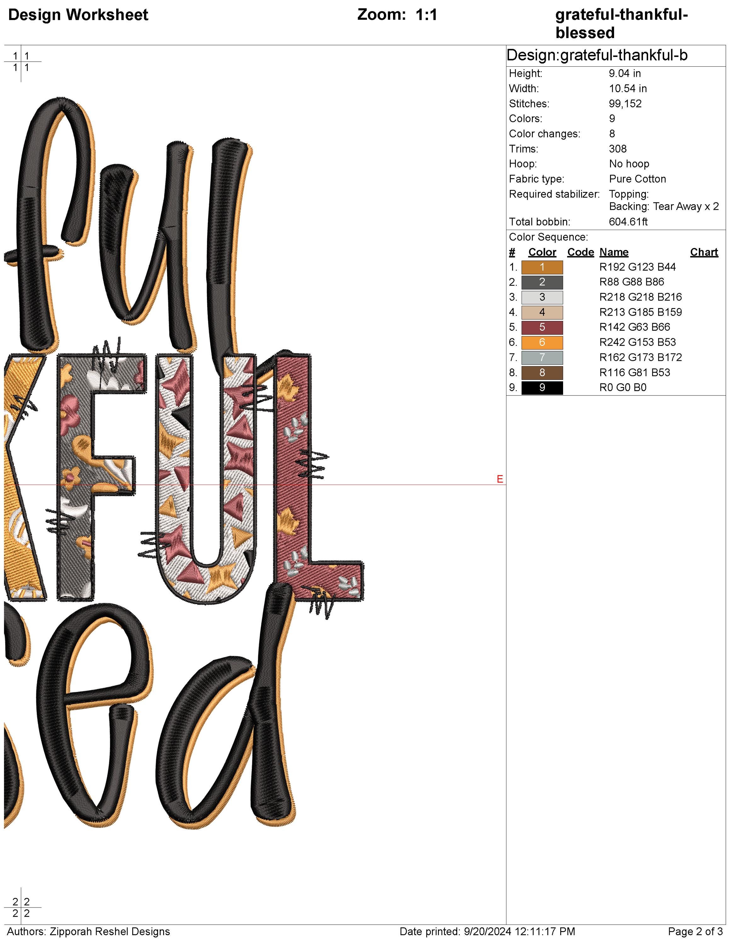 Grateful Thankful Blessed 9-color Embroidery File Digital Download 9 X ...