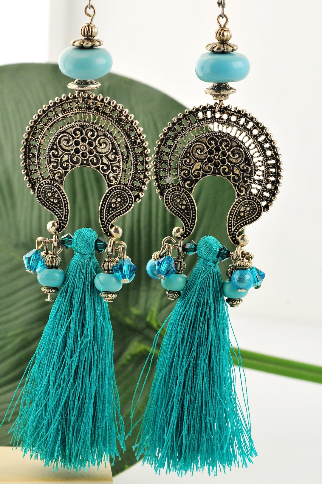 BOUCLES of Pom-poms, Turquoise Pearls and Chiseled Print - Etsy